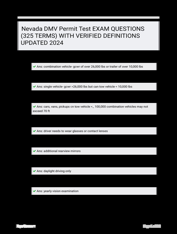 Nevada DMV Permit Test EXAM QUESTIONS (325 TERMS) WITH VERIFIED ...