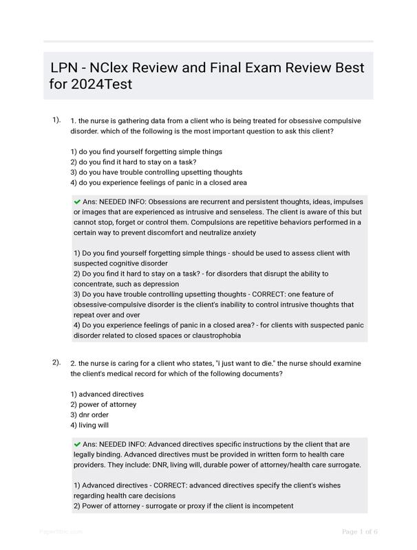 LPN - NClex Review And Final Exam Review Best For 2024Test