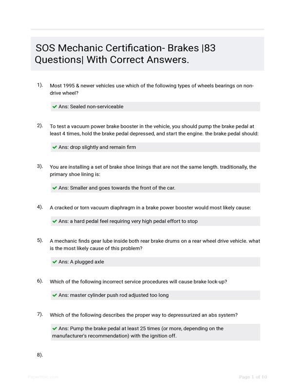 SOS Mechanic Certification- Brakes |83 Questions| With Correct Answers.