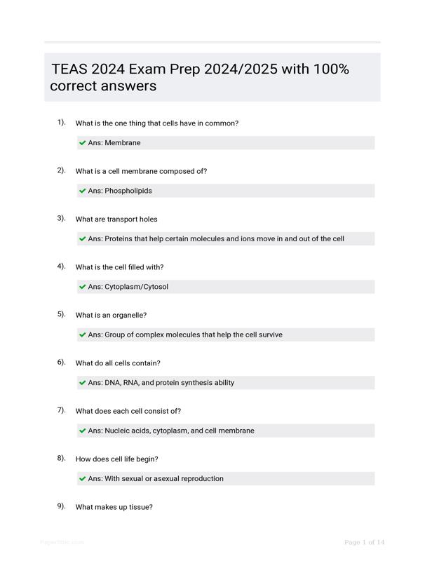 TEAS 2024 Exam Prep 2024/2025 With 100% Correct Answers