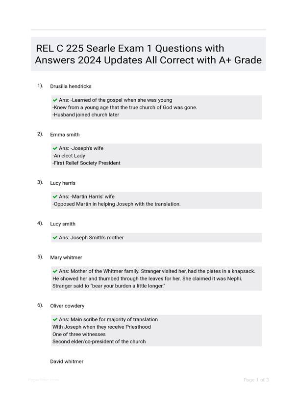 REL C 225 Searle Exam 1 Questions With Answers 2024 Updates All Correct ...