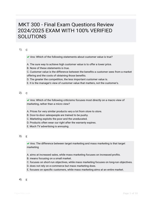 MKT 300 - Final Exam Questions Review 2024/2025 EXAM WITH 100% VERIFIED ...
