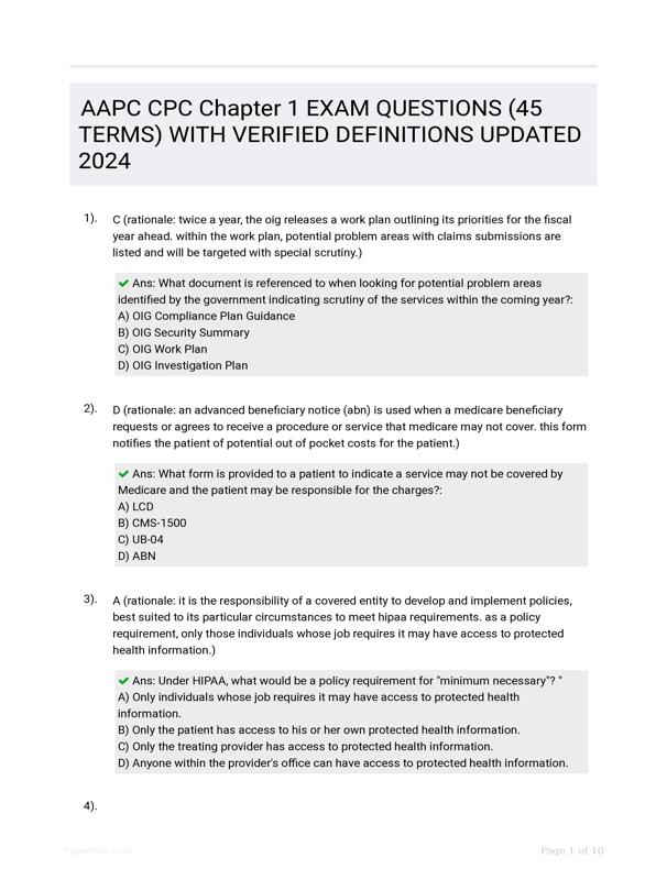 AAPC CPC Chapter 1 EXAM QUESTIONS (45 TERMS) WITH VERIFIED DEFINITIONS ...