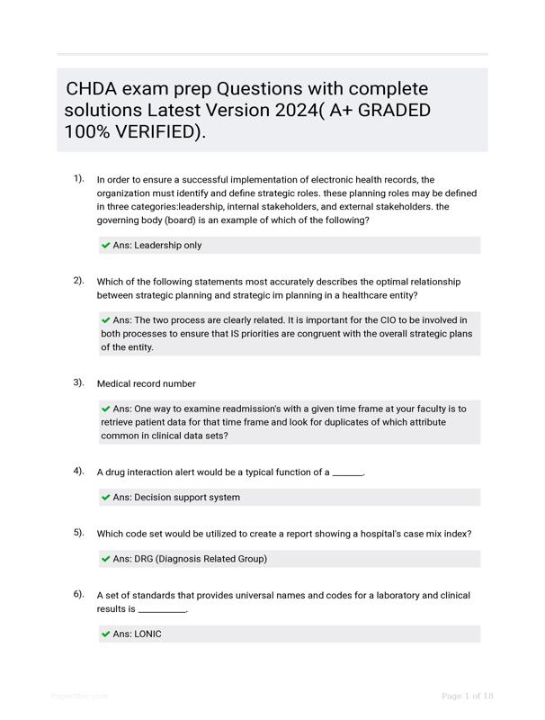 CHDA Exam Prep Questions With Complete Solutions Latest Version 2024 ...