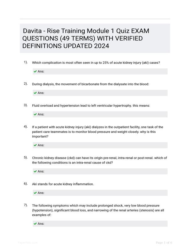 Davita - Rise Training Module 1 Quiz EXAM QUESTIONS (49 TERMS) WITH ...