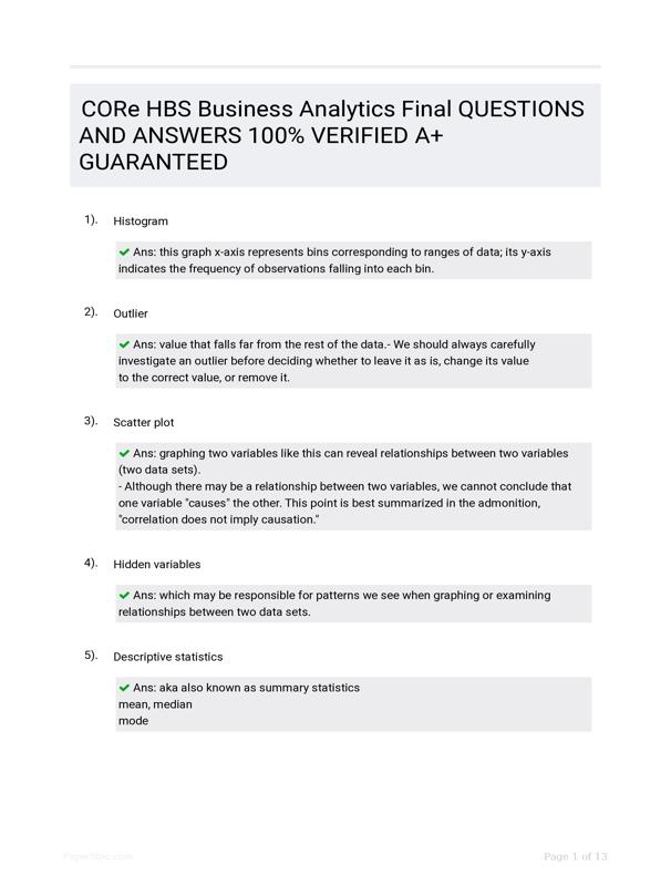 CORe HBS Business Analytics Final QUESTIONS AND ANSWERS 100% VERIFIED A+ GUARANTEED