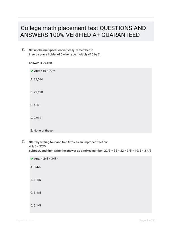 College Math Placement Test QUESTIONS AND ANSWERS 100% VERIFIED A+ ...
