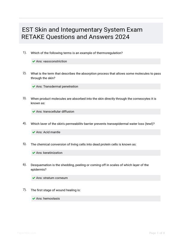 EST Skin And Integumentary System Exam RETAKE Questions And Answers 2024