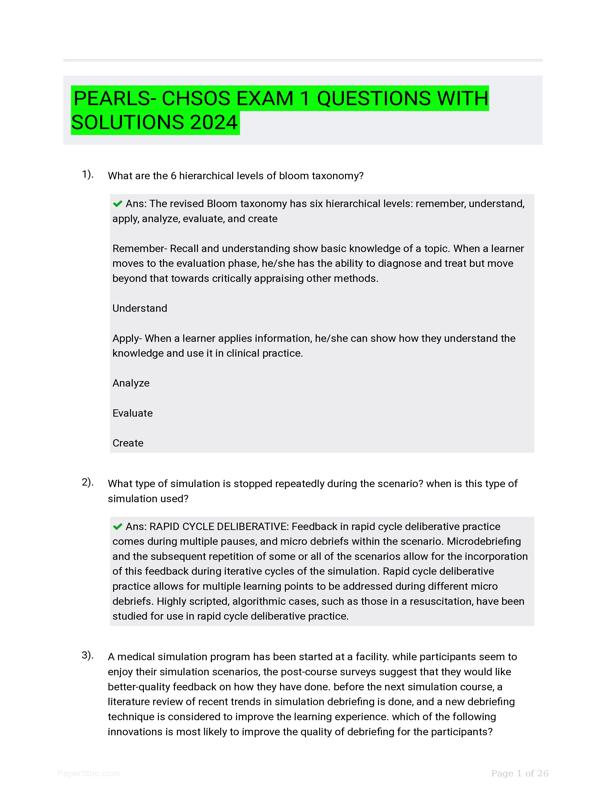 PEARLS- CHSOS EXAM 1 QUESTIONS WITH SOLUTIONS 2024