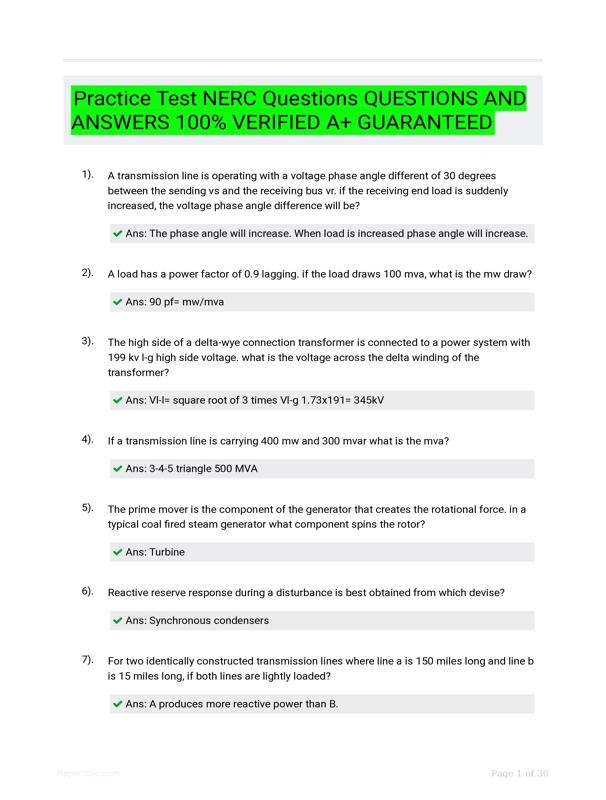 Practice Test NERC Questions QUESTIONS AND ANSWERS 100% VERIFIED A+ ...