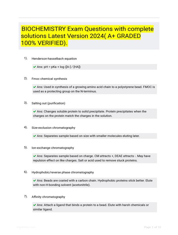 BIOCHEMISTRY Exam Questions With Complete Solutions Latest Version 2024 ...