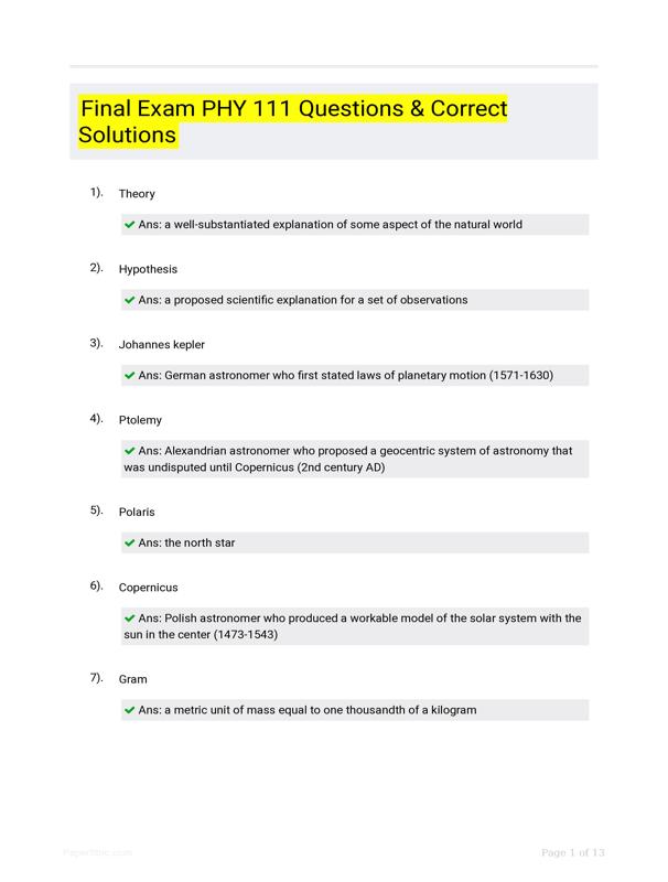 Final Exam PHY 111 Questions & Correct Solutions