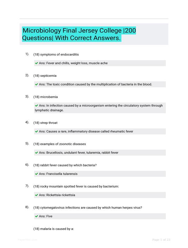 Microbiology Final Jersey College 200 Questions With Correct Answers