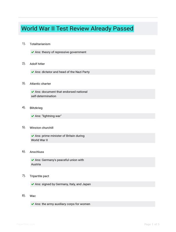 World War II Test Review Already Passed