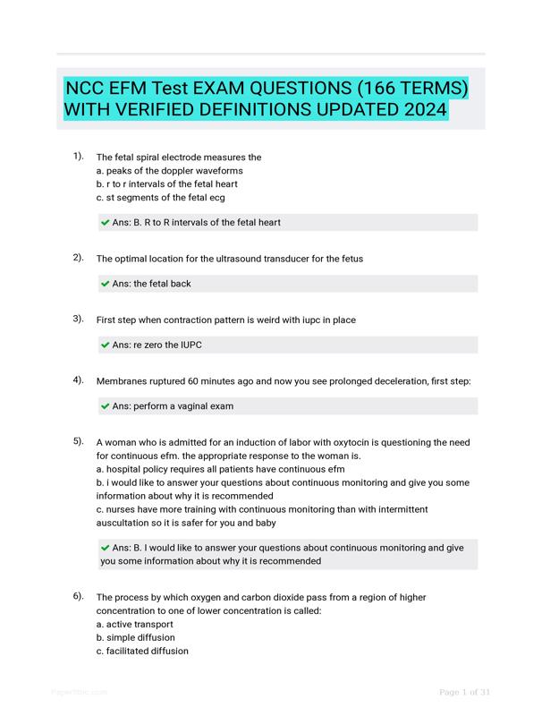 NCC EFM Test EXAM QUESTIONS (166 TERMS) WITH VERIFIED DEFINITIONS ...