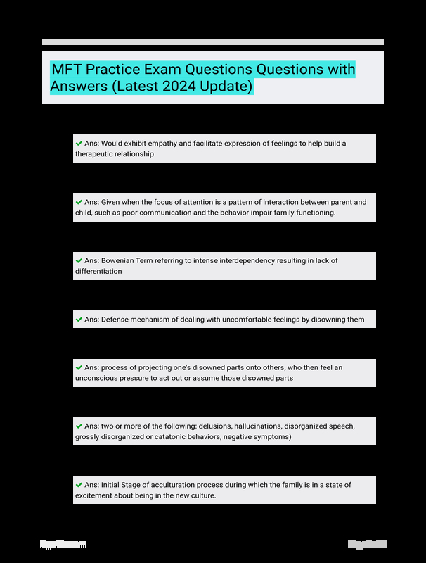MFT Practice Exam Questions Questions With Answers (Latest 2024 Update)