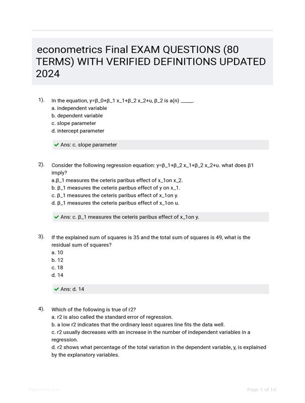 Econometrics Final EXAM QUESTIONS (80 TERMS) WITH VERIFIED DEFINITIONS UPDATED 2024
