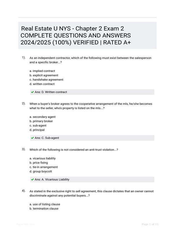 Real Estate U NYS - Chapter 2 Exam 2 COMPLETE QUESTIONS AND ANSWERS ...