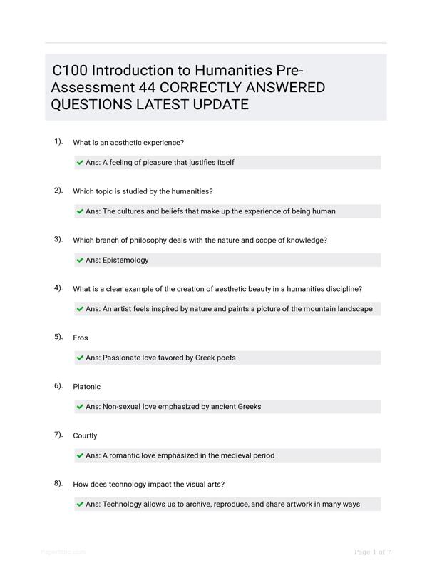C100 Introduction To Humanities Pre-Assessment 44 CORRECTLY ANSWERED ...