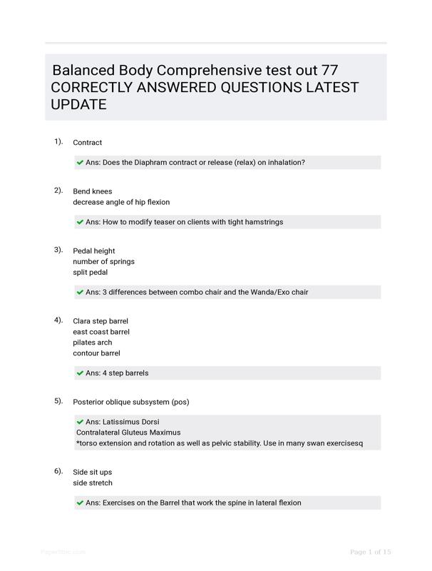 Balanced Body Comprehensive Test Out 77 CORRECTLY ANSWERED QUESTIONS ...