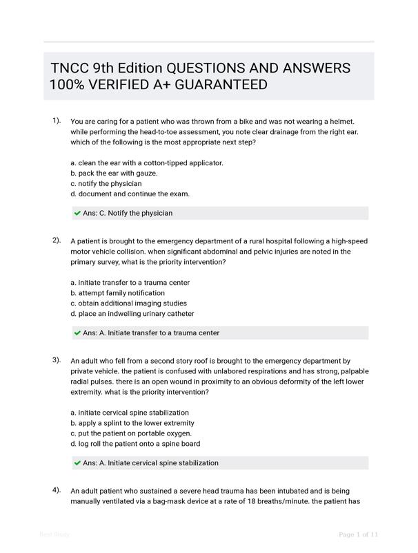 TNCC 9th Edition QUESTIONS AND ANSWERS 100% VERIFIED A+ GUARANTEED
