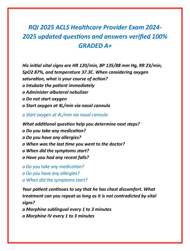 RQI 2025 ACLS Healthcare Provider Exam 2024- 2025 Updated Questions And ...