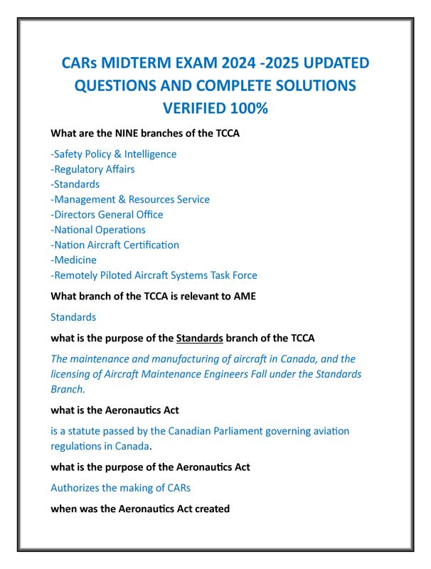 CARs MIDTERM EXAM 2024 -2025 UPDATED QUESTIONS AND COMPLETE SOLUTIONS