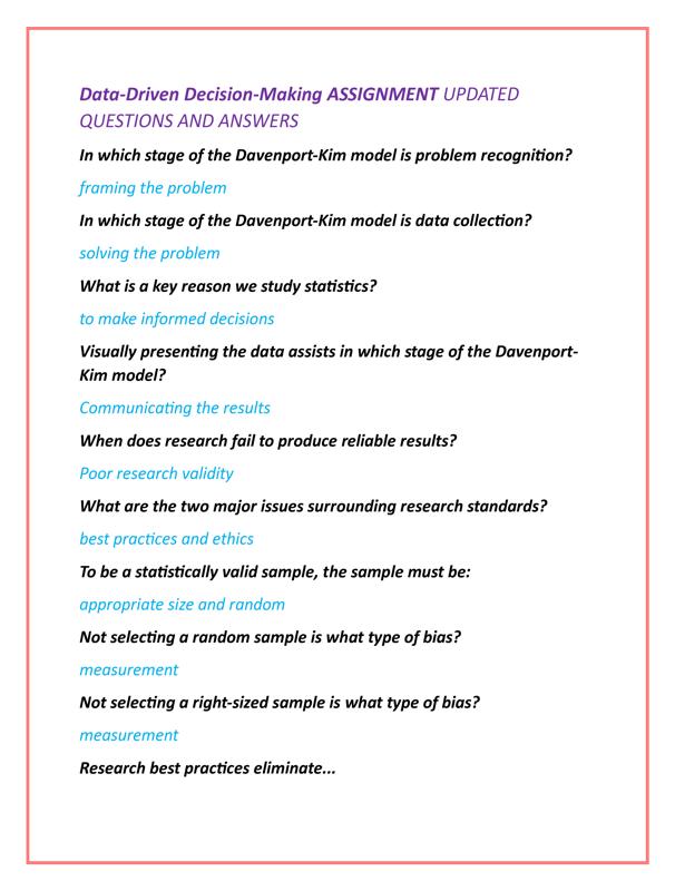 Data-Driven Decision-Making ASSIGNMENT UPDATED QUESTIONS AND ANSWERS