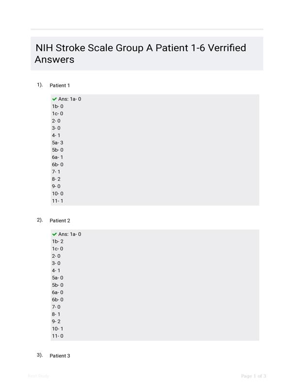 NIH Stroke Scale Group A Patient 1-6 Verrified Answers