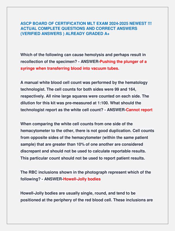 ASCP BOARD OF CERTIFICATION MLT EXAM 2024-2025 NEWEST !!! ACTUAL ...