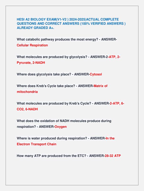 HESI A2 BIOLOGY EXAM(V1-V2 ) 2024-2025|ACTUAL COMPLETE QUESTIONS AND ...