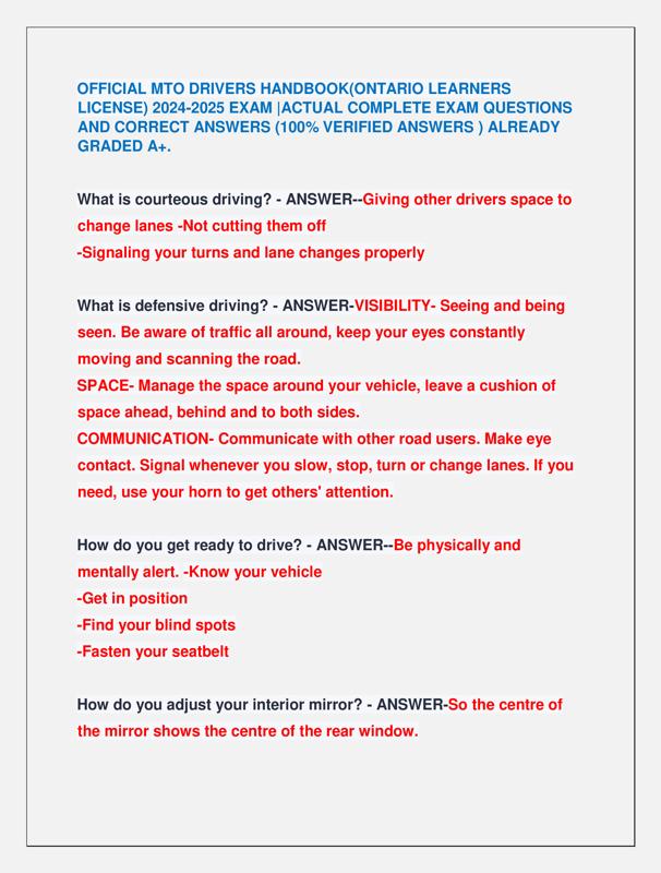 OFFICIAL MTO DRIVERS HANDBOOK(ONTARIO LEARNERS LICENSE) 2024-2025 EXAM ...