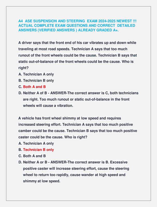 A4 ASE SUSPENSION AND STEERING EXAM 2024-2025 NEWEST !!! ACTUAL ...