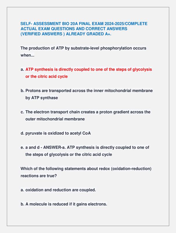 SELF- ASSESSMENT BIO 20A FINAL EXAM 2024-2025/COMPLETE ACTUAL EXAM ...