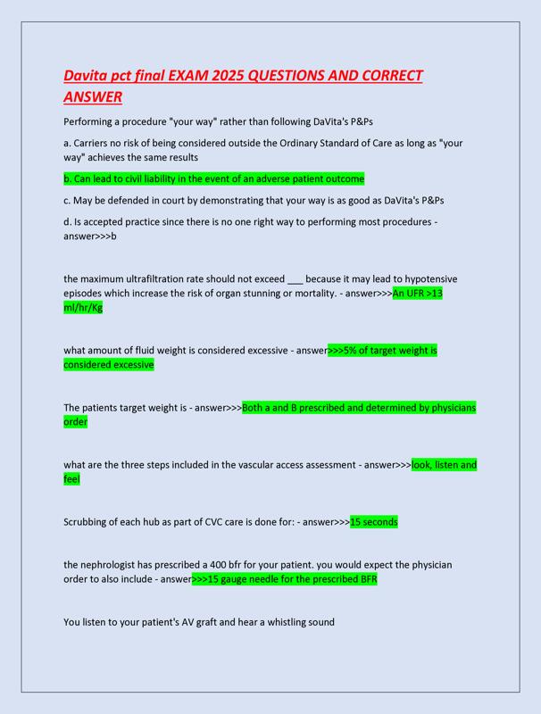 Davita Pct Final EXAM 2025 QUESTIONS AND CORRECT ANSWER