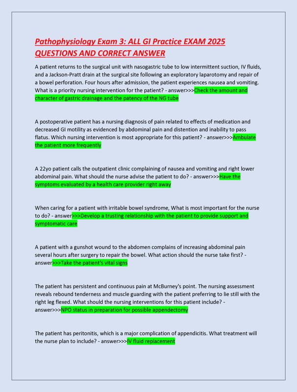 Pathophysiology Exam 3 ALL GI Practice EXAM 2025 QUESTIONS AND CORRECT ...