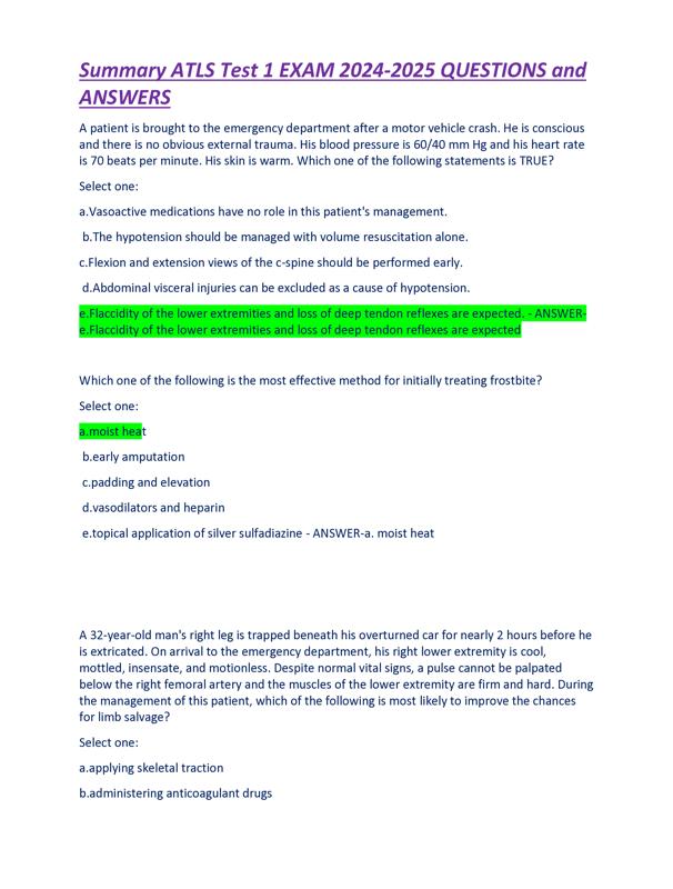 Summary ATLS Test 1 EXAM 2024-2025 QUESTIONS And ANSWERS