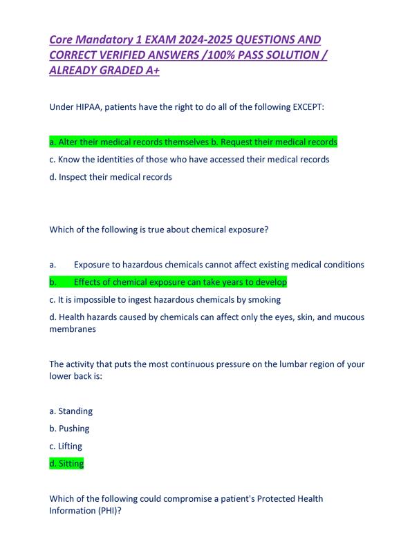 Core Mandatory EXAM 1 2024 -2025 QUESTIONS AND ANSWERS