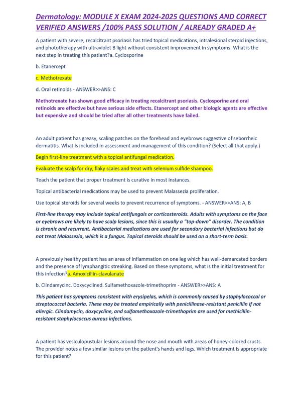 Dermatology: MODULE X EXAM 2024-2025 QUESTIONS AND CORRECT VERIFIED ...