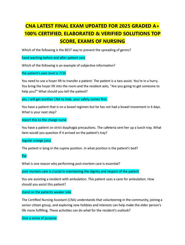 CNA LATEST FINAL EXAM UPDATED FOR 2025 GRADED A+