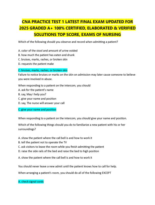 CNA PRACTICE TEST 1 LATEST FINAL EXAM UPDATED FOR 2025 GRADED A+