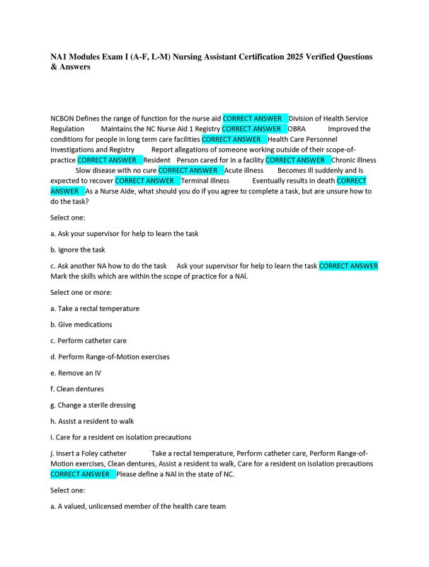 NA1 Modules Exam I (A-F, L-M) | Nursing Assistant Certification 2025 ...