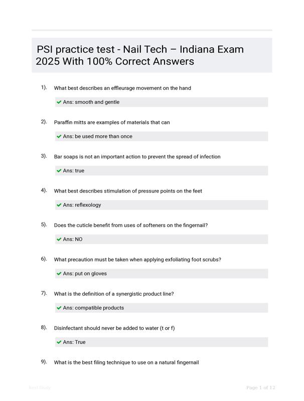 PSI Practice Test - Nail Tech â Indiana Exam 2025 With 100% Correct Answers