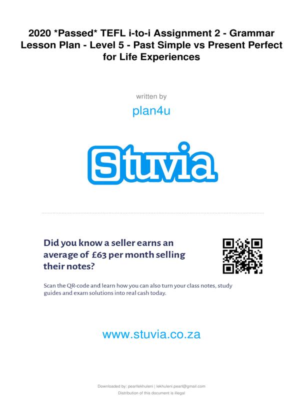 2020 TEFL Assignment 2 Grammar Lesson Plan Level 5 Past Simple vs ...