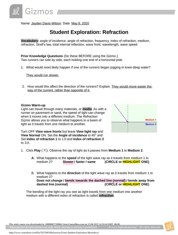 Gizmos Student Exploration: Refraction - PaperSoc