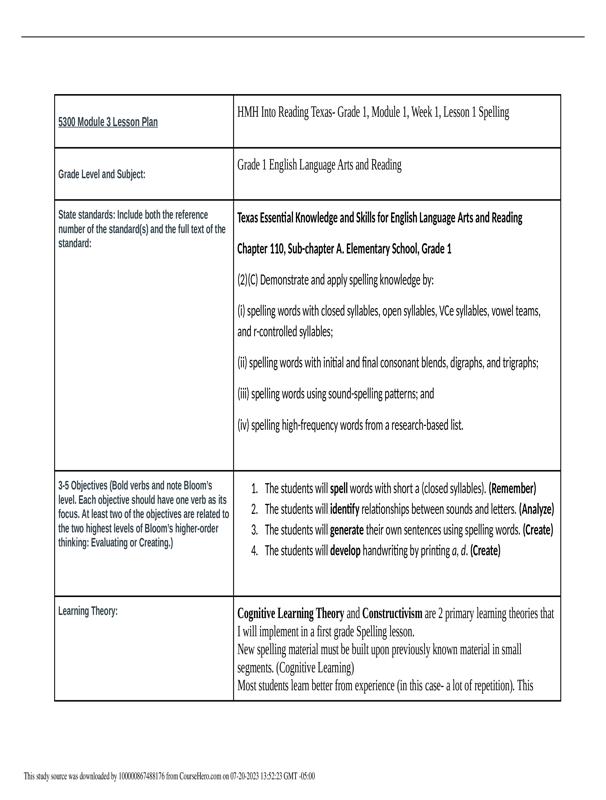 5300 Module 3 Lesson Plan HMH Into Reading Texas- Grade 1, Module 1 ...