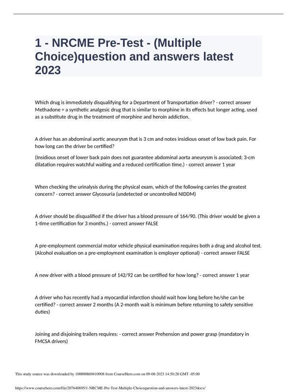 NRCME Pre-Test - (Multiple Choice)question and answers latest 2023 ...