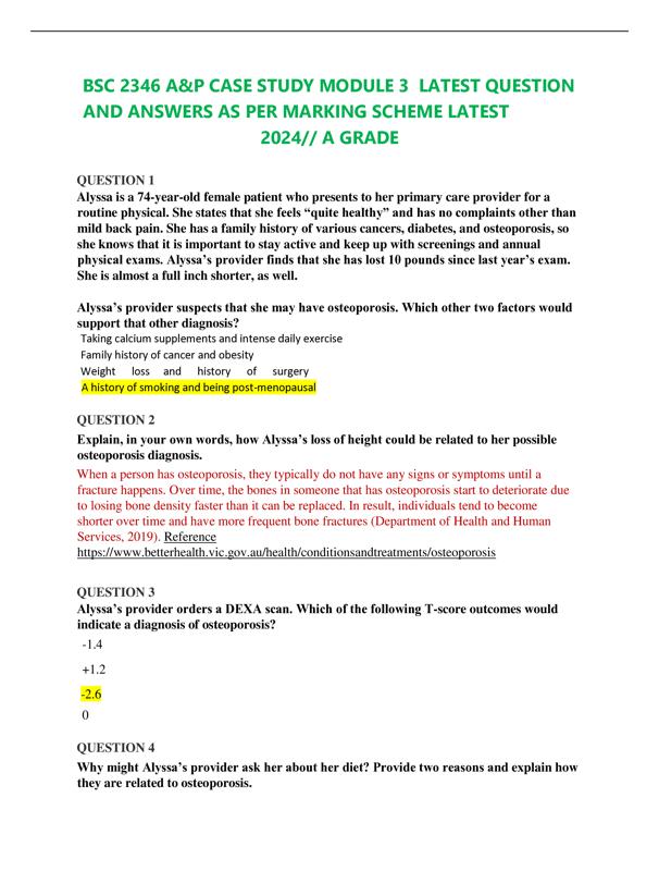 BSC 2346 A&P CASE STUDY MODULE 3 LATEST QUESTION AND ANSWERS AS PER ...