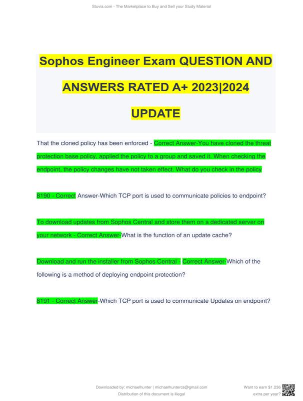 Sophos Engineer Exam QUESTION AND ANSWERS RATED A+ 2023|2024 UPDATE ...