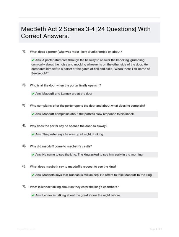 MacBeth Act 2 Scenes 3-4 Study Guide Rated A+ - PaperSoc